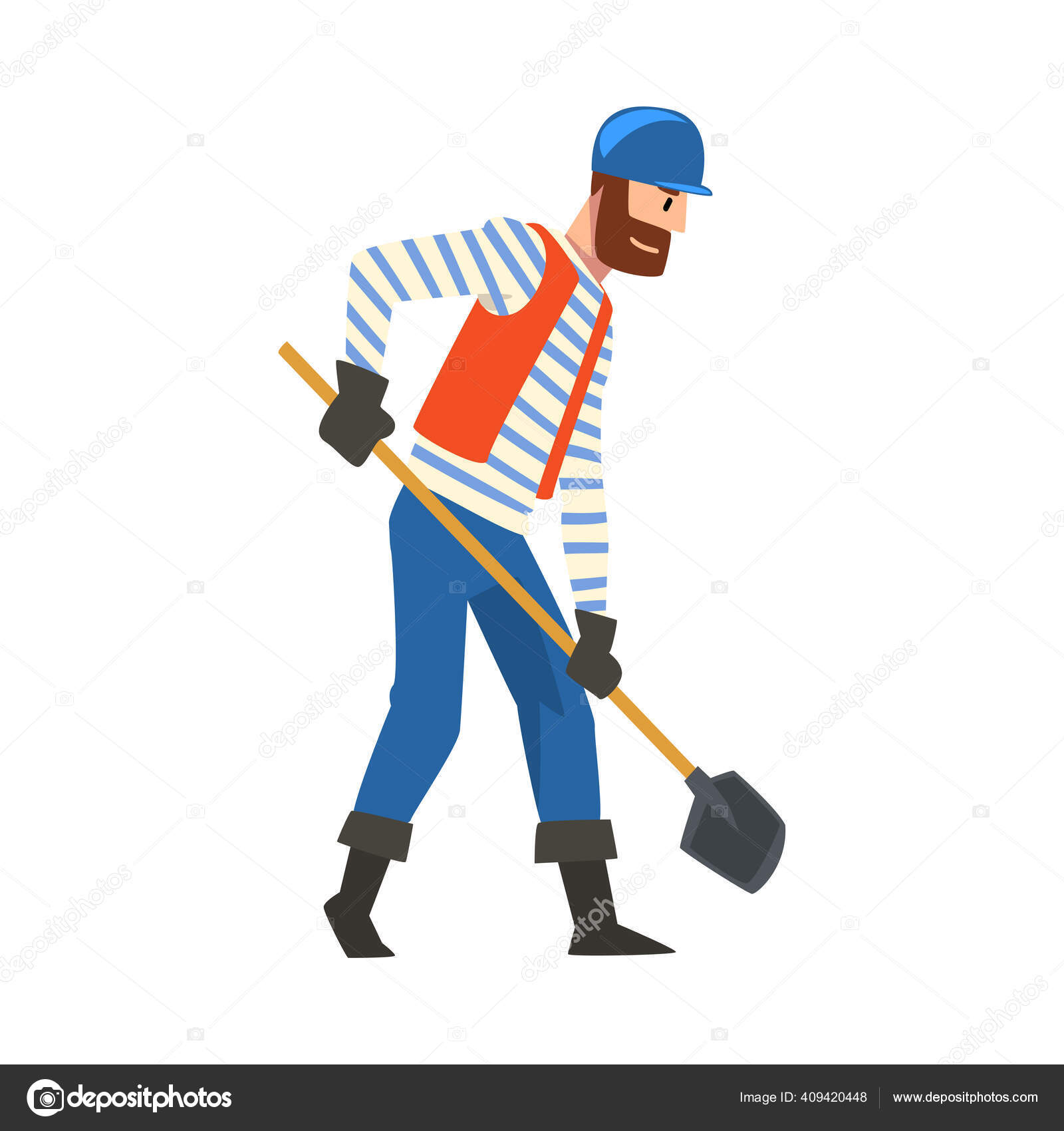 Construction Worker Digging with Shovel, Male Builder Character Wearing ...
