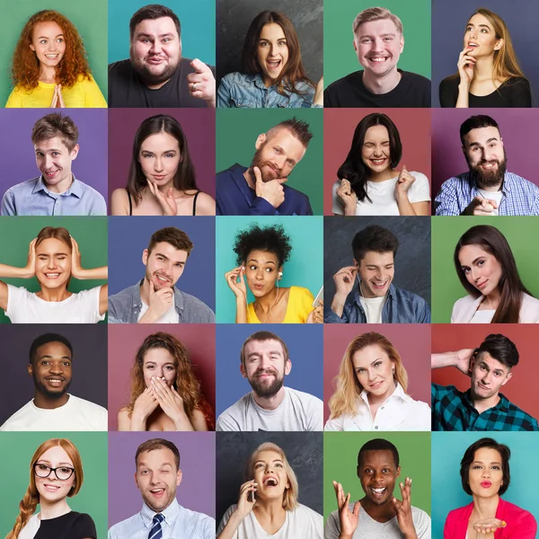 Diversas emociones collage. Conjunto de personas multirraciales se enfrenta sobre fondos de ...