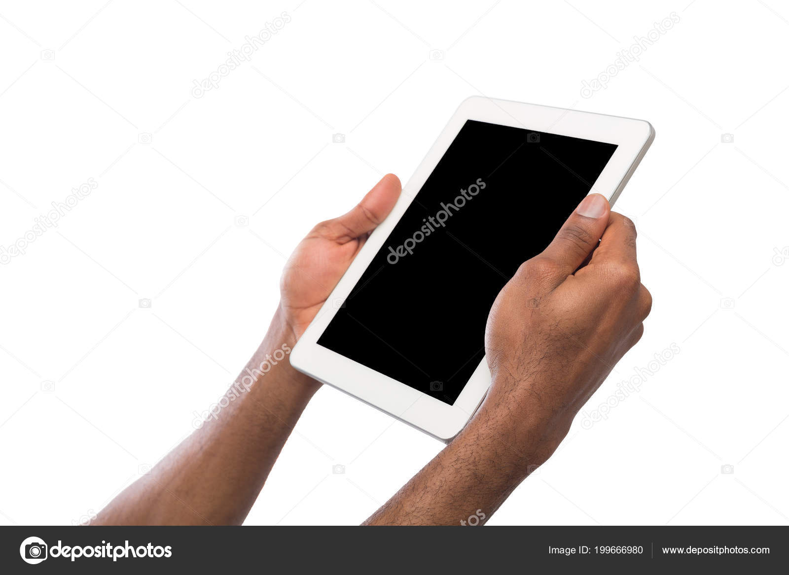 Black man holding digital tablet isolated on white background Stock ...