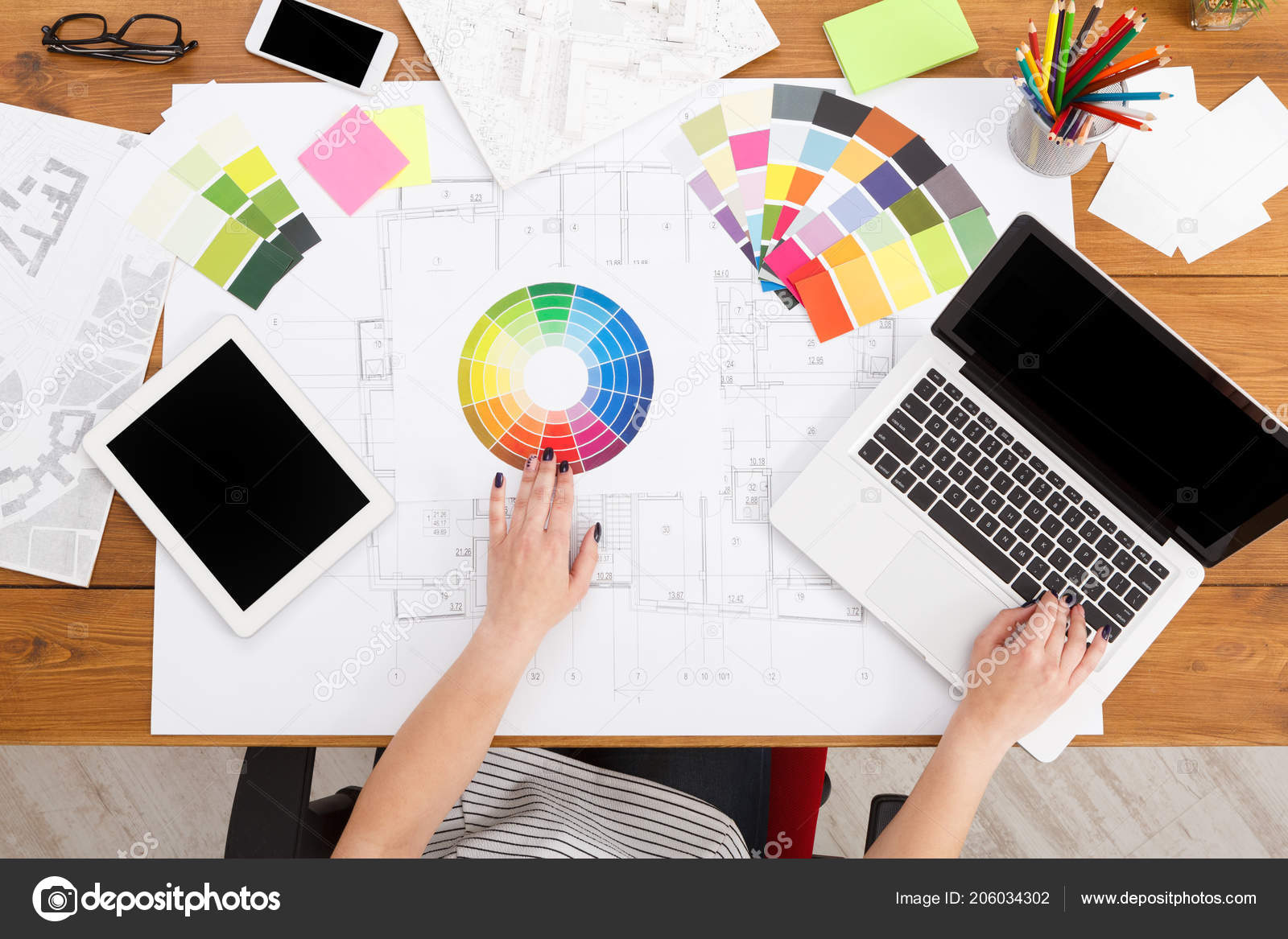 Designers working table, top view. Stock Photo by ©Milkos 206034302