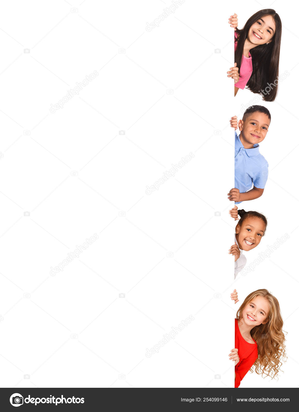 Kids peeking out from empty board isolated on white ⬇ Stock Photo ...