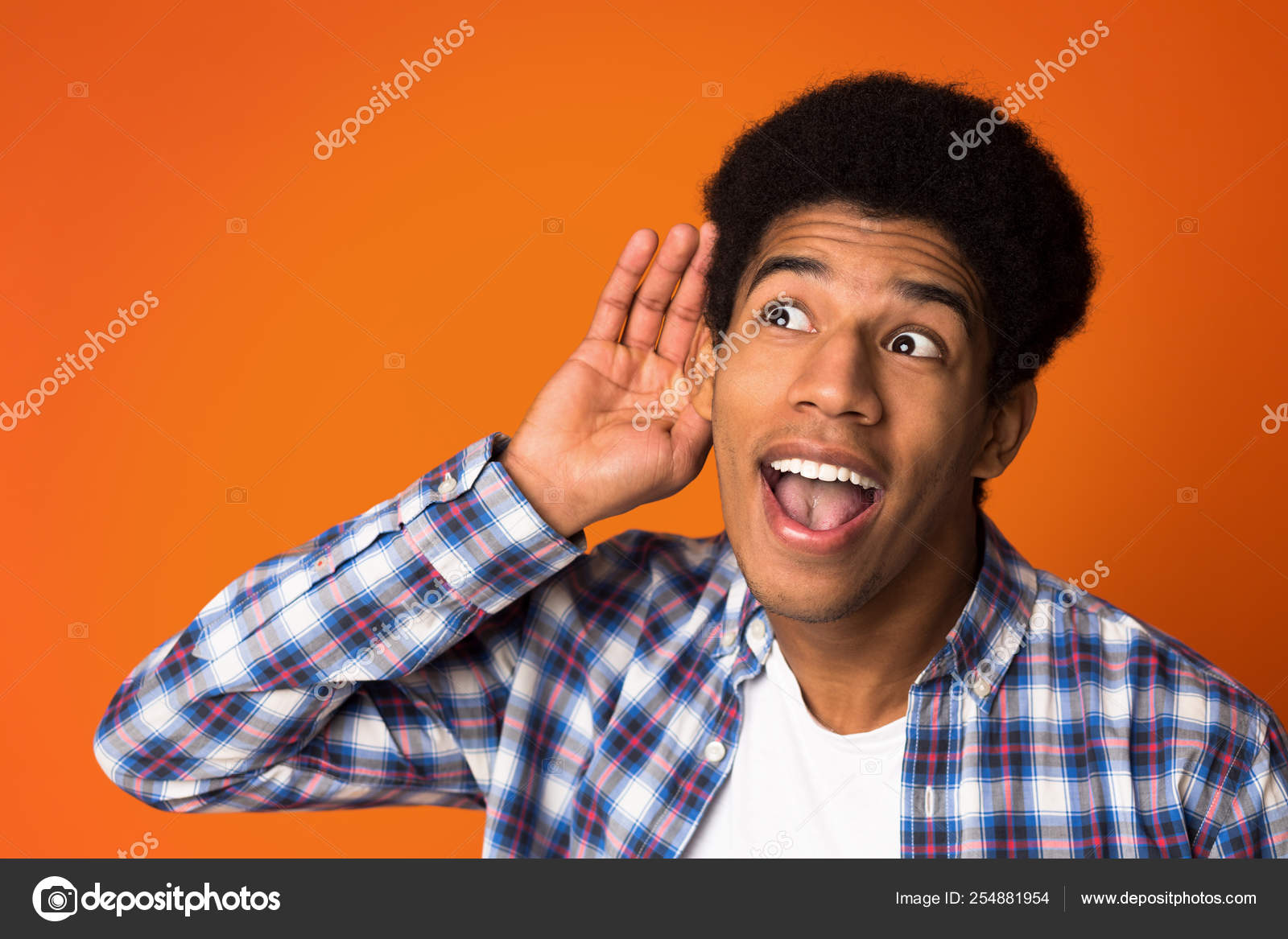 Overhear conversation. Guy holding hand near ear Stock Photo by ©Milkos ...