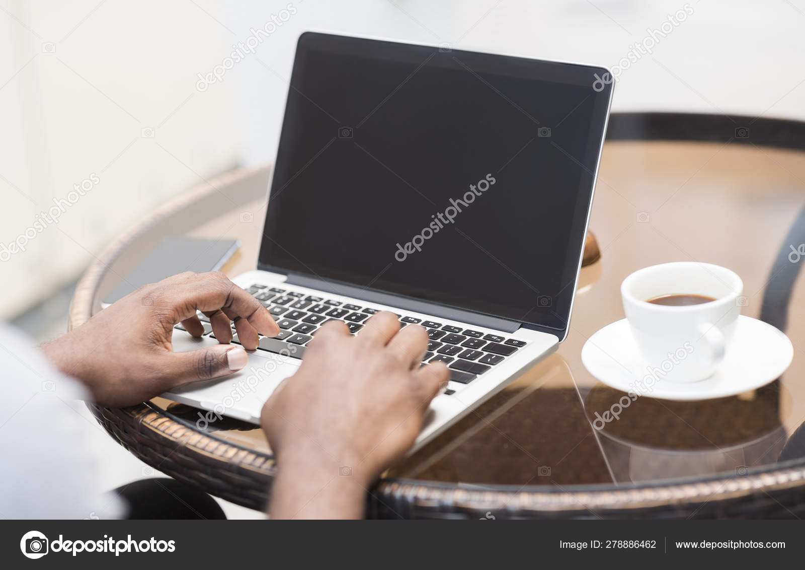 Unrecognizable african american man using laptop with blank — Stock ... Unrecognizable african american man using laptop with blank — Stock ...