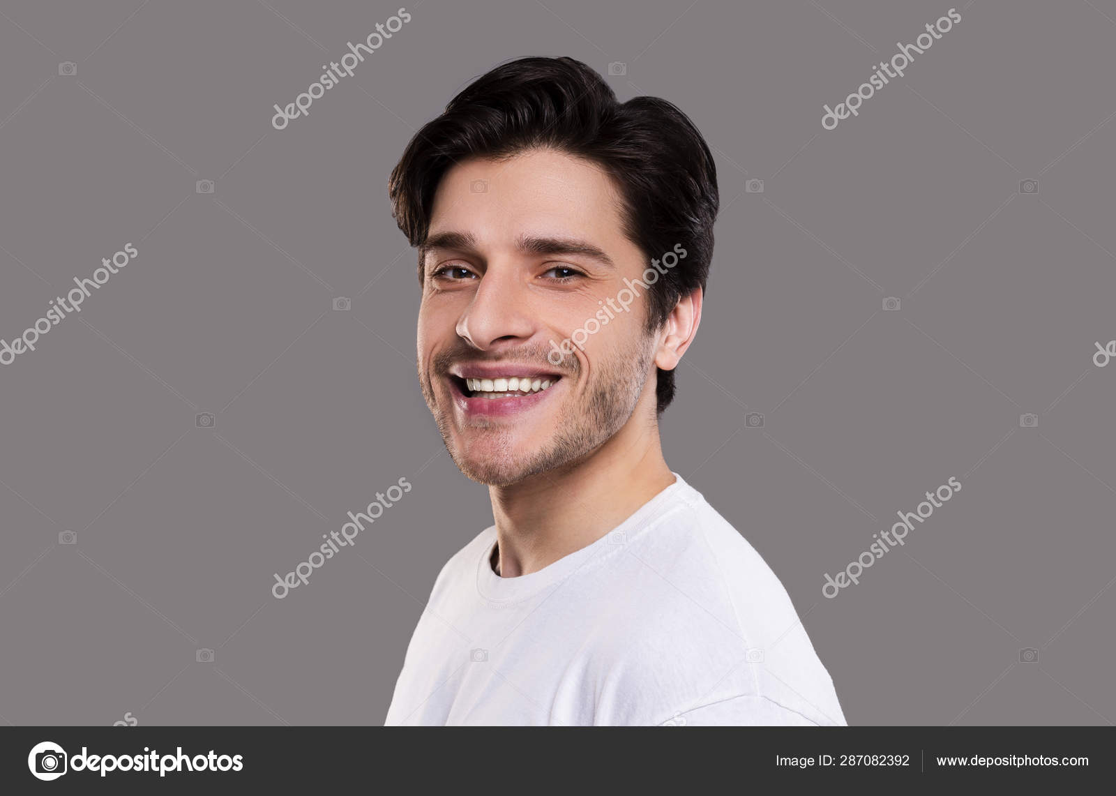 Friendly guy widely smiling at camera, semi half portrait — Stock Photo ...