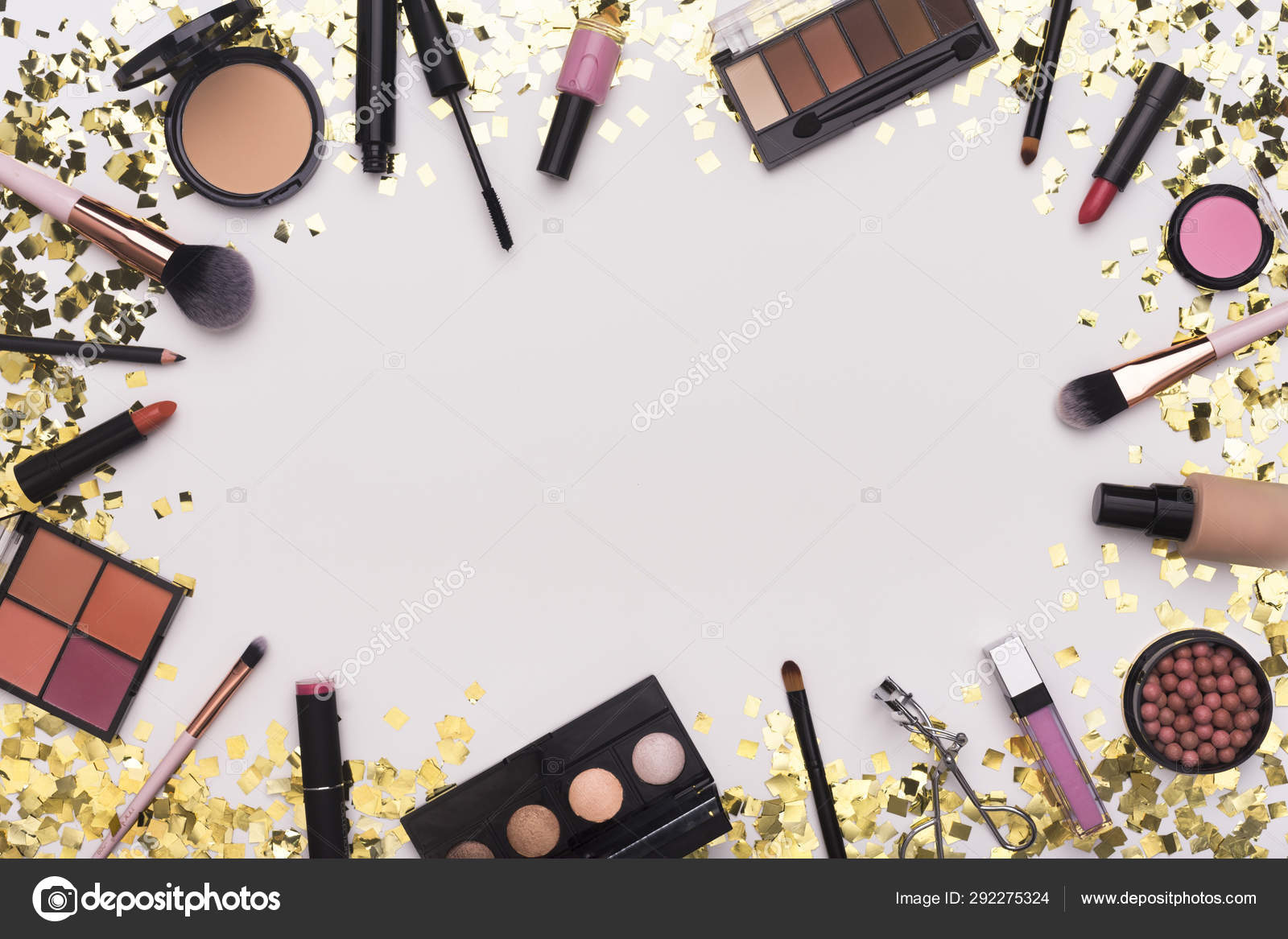 Frame of Makeup accessories, essentials and tools on white Stock Photo ...