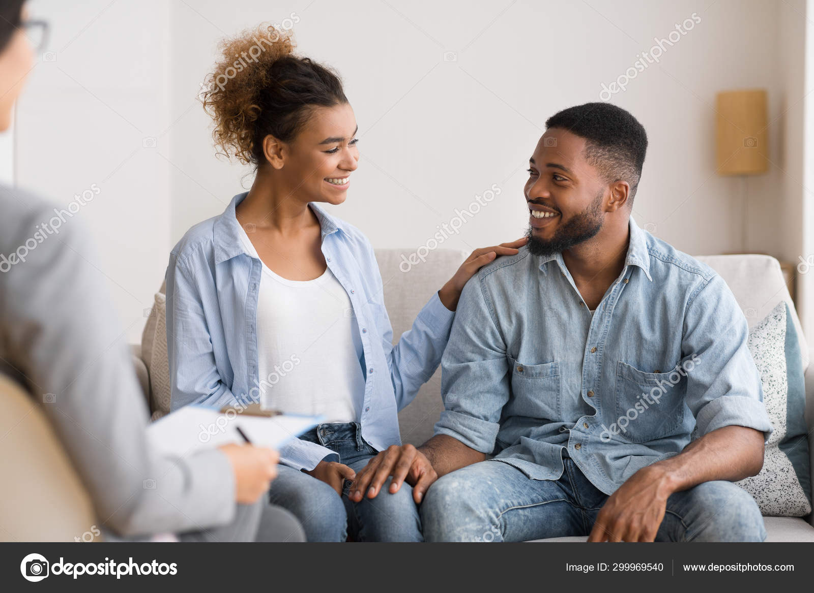 Afro Spouses Sitting At Marriage Counselors Office After Happy ...