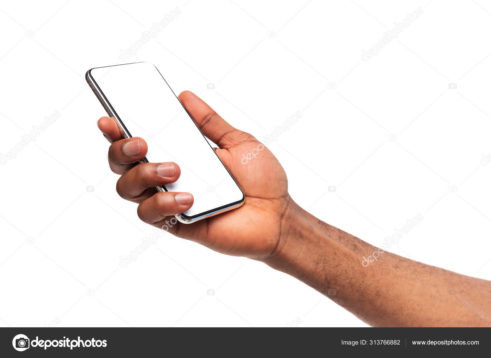 Black mans hand holding mobile phone with blank screen — Stock Photo ...