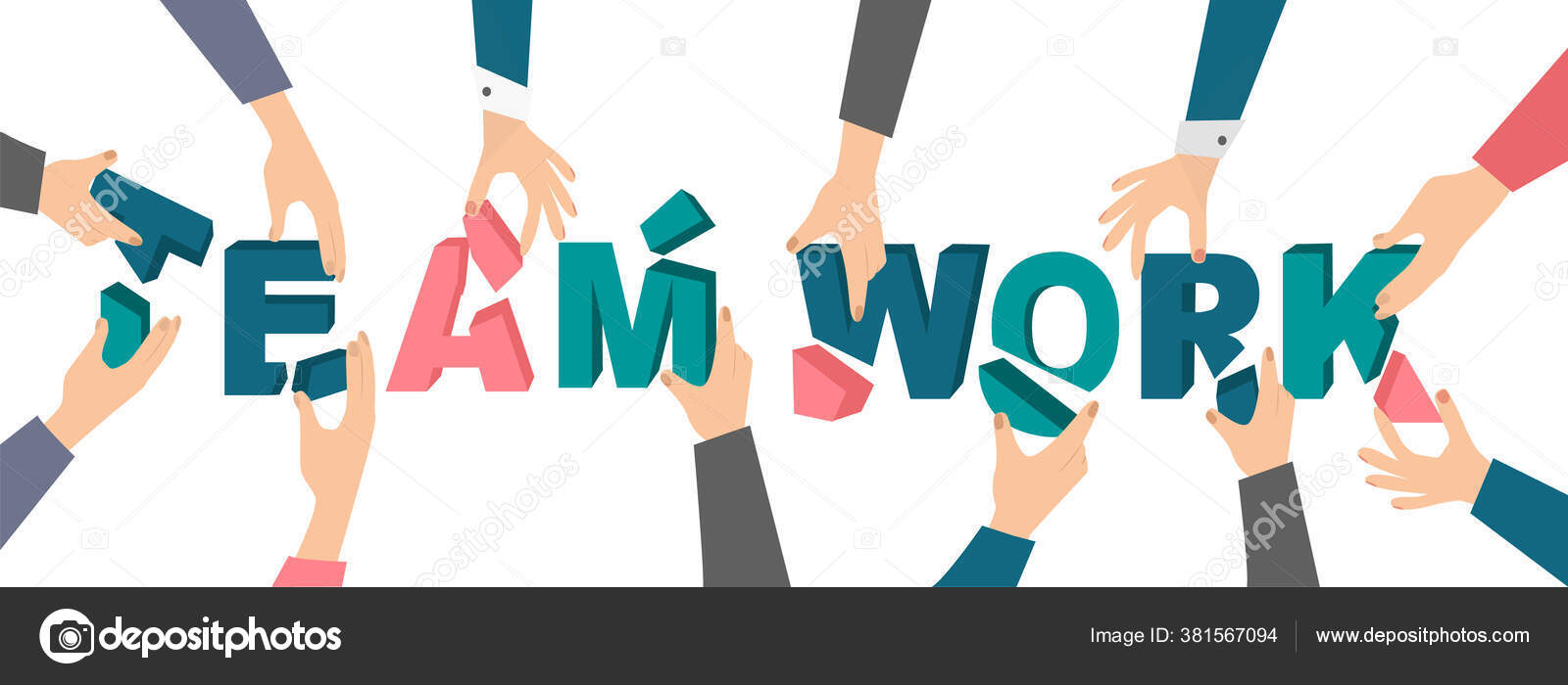 Empleados de oficina construyendo palabra TEAMWORK sobre fondo blanco ...