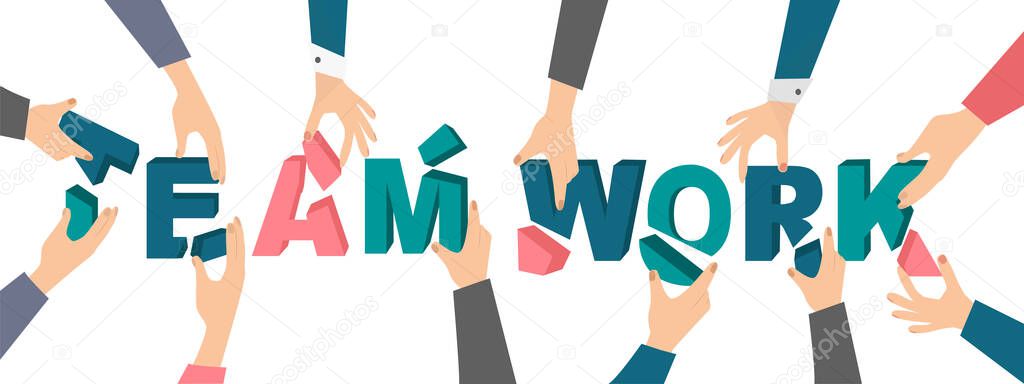 Empleados de oficina construyendo palabra TEAMWORK sobre fondo blanco ...