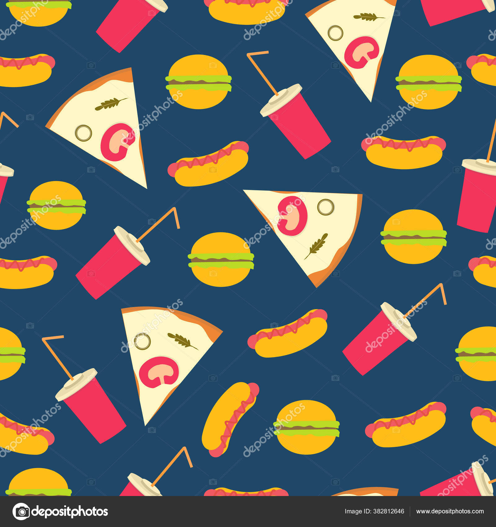 Fast food and soda drinks on blue background, flat style vector ...