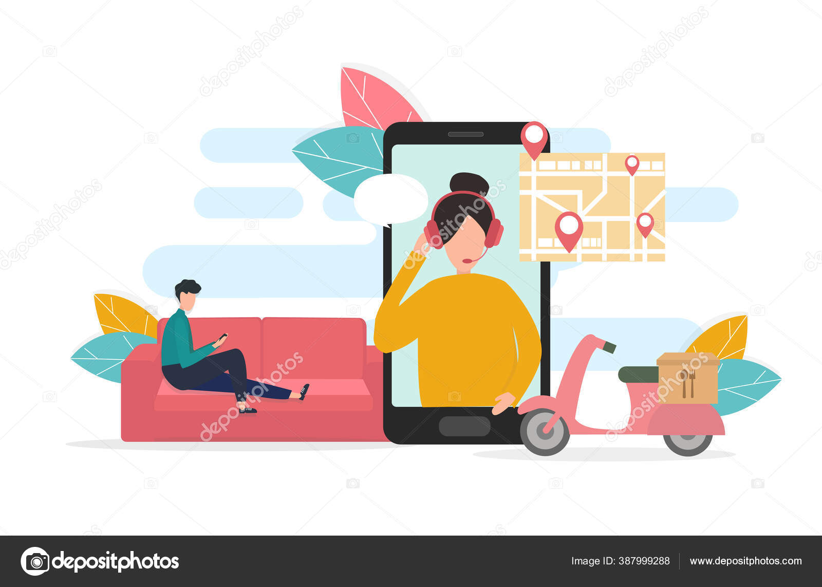 Man on couch using phone, service lady on smartphone screen Stock ...