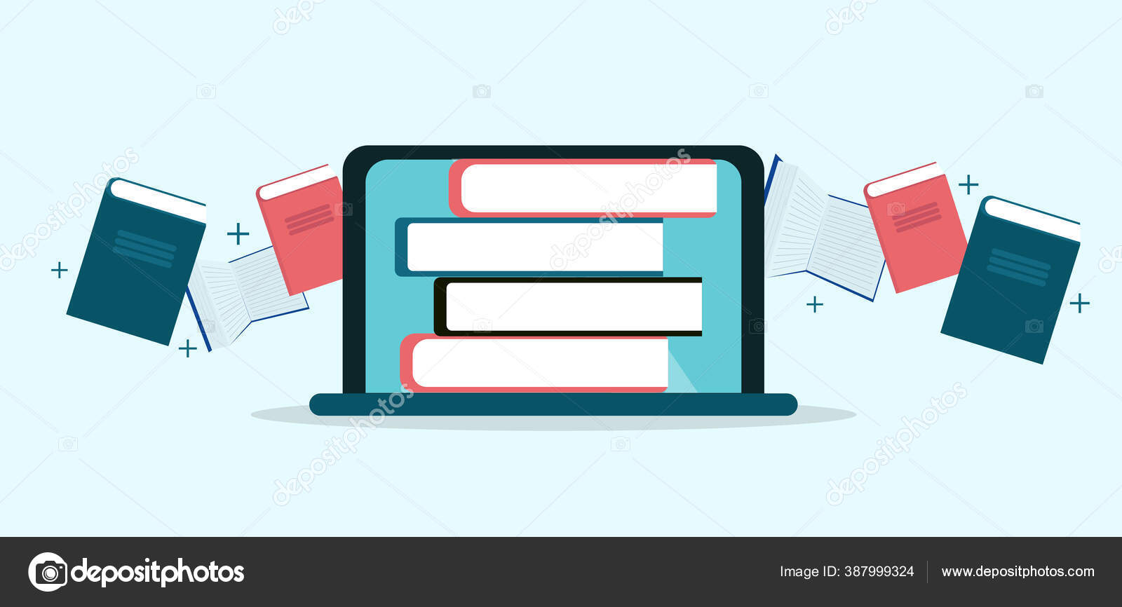 Ullustrative image, books flying into laptop, panorama Stock Vector by ©Milkos 387999324