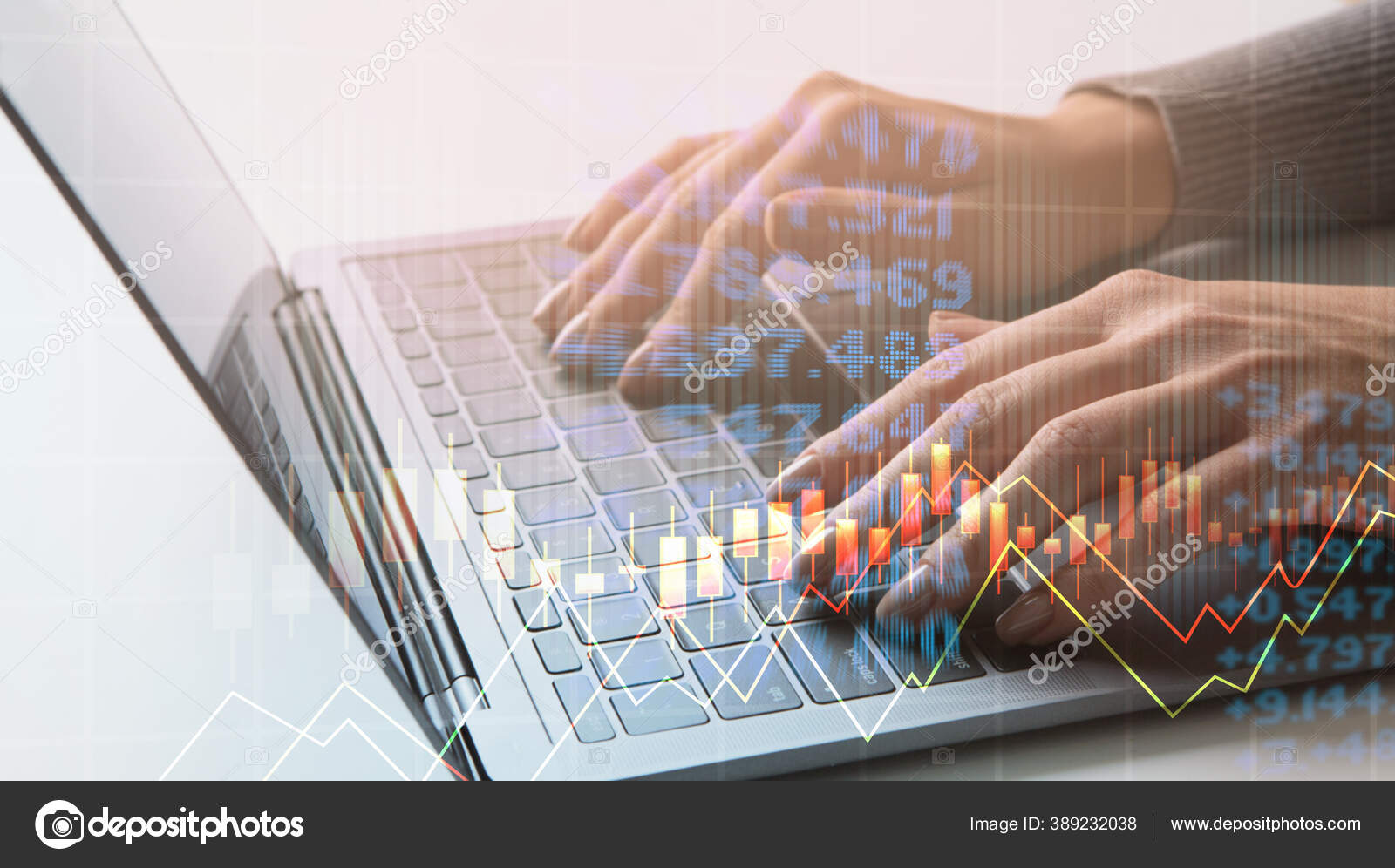 Collage with stock market data on virtual screen and businesswoman ...