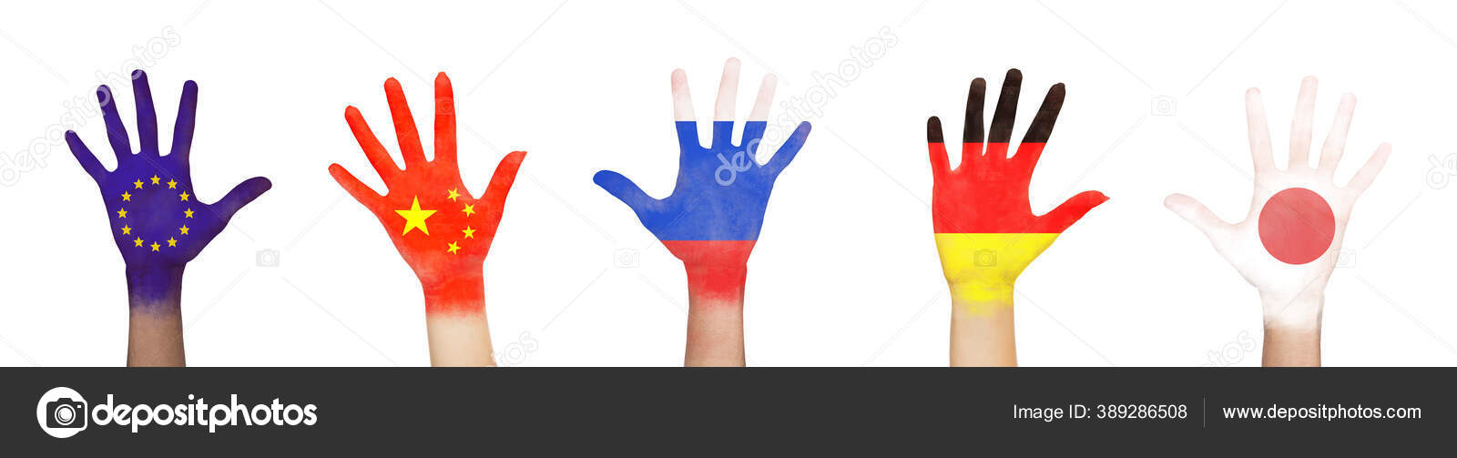 International Cooperation. Diverse National Flags Painted On Hands ...