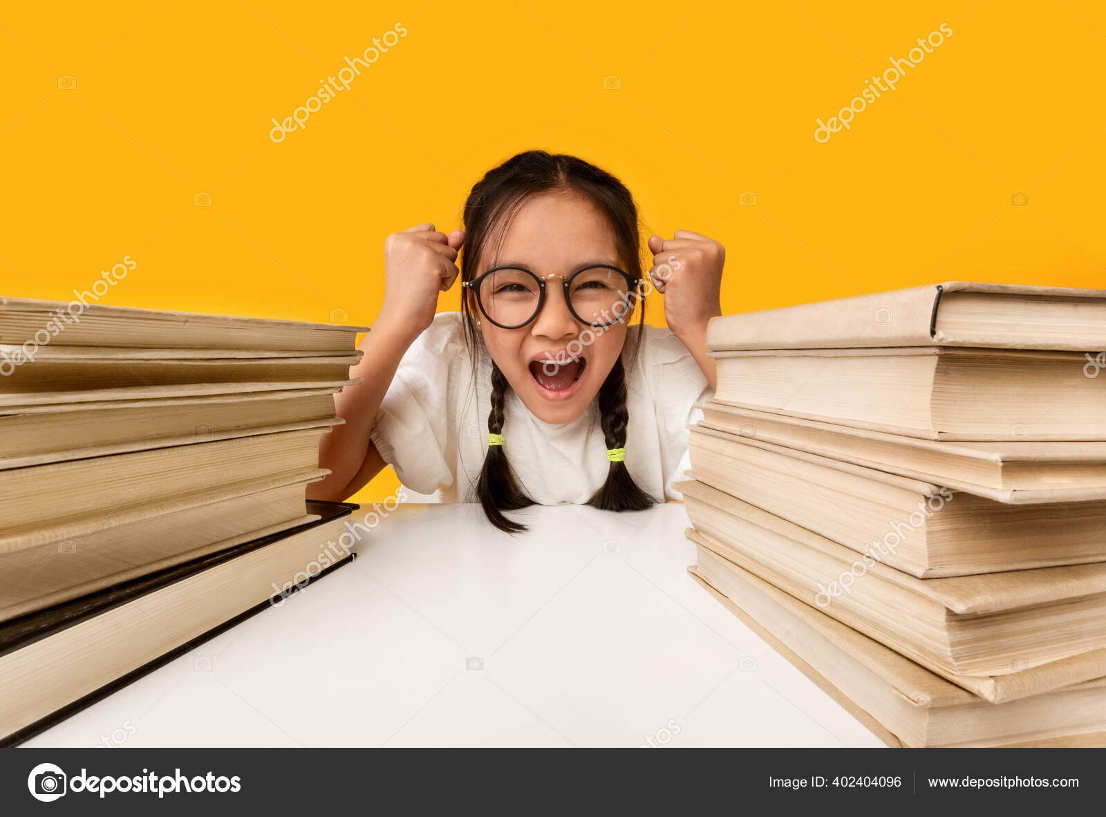 Asian Schoolgirl Shouting Crying Sitting At School Books, Yellow ...