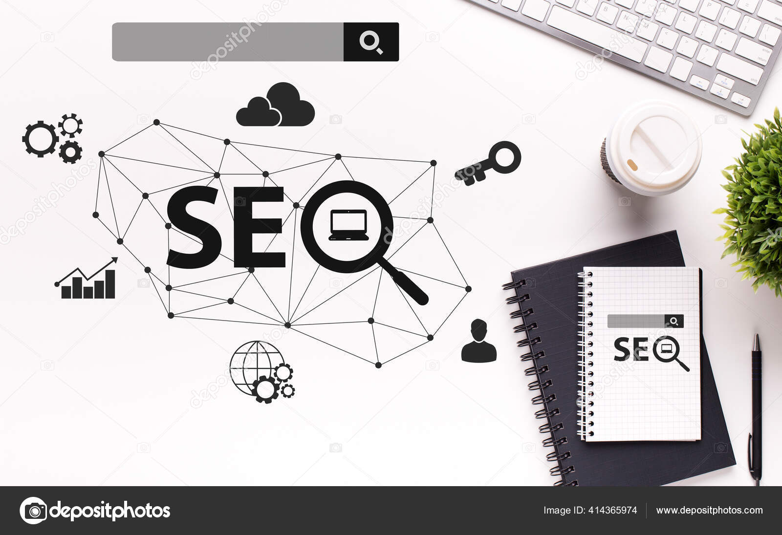 Seo Optimization Scheme With Web Icons, White Office Table Background ...