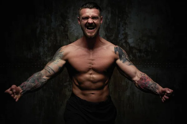 Angry Shirtless Muscled Young Man Screaming Grunge Wall Background ...