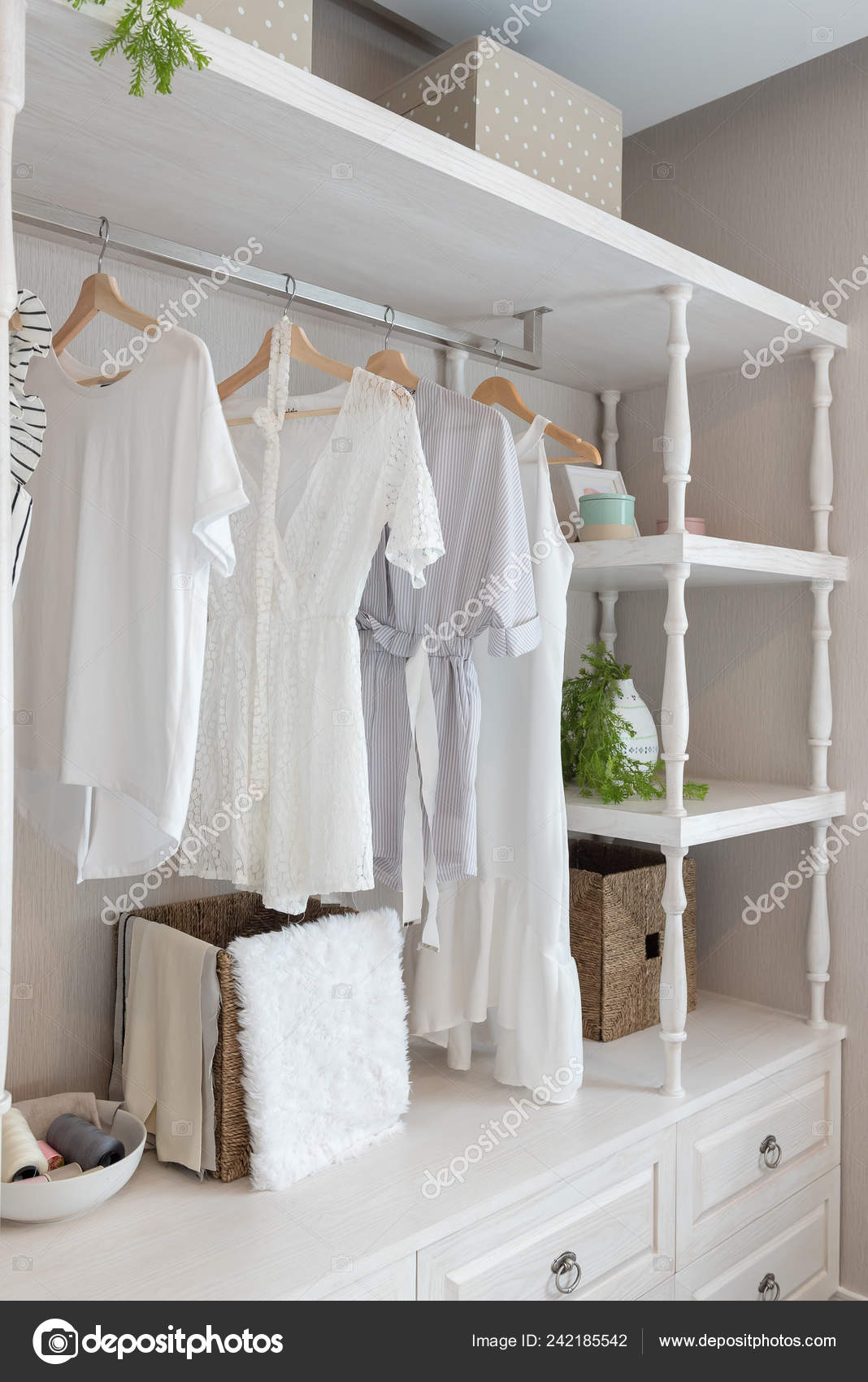 Classic Closet Style Clothes Hanging White Color Tone Wardrobe Clothes ...