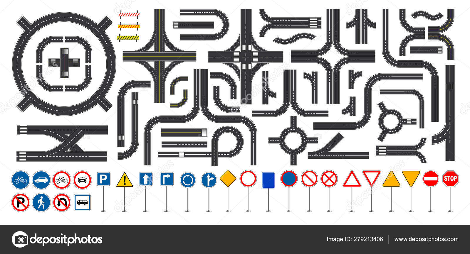 Set of road sign and road parts with dashed line, roadside marking ...