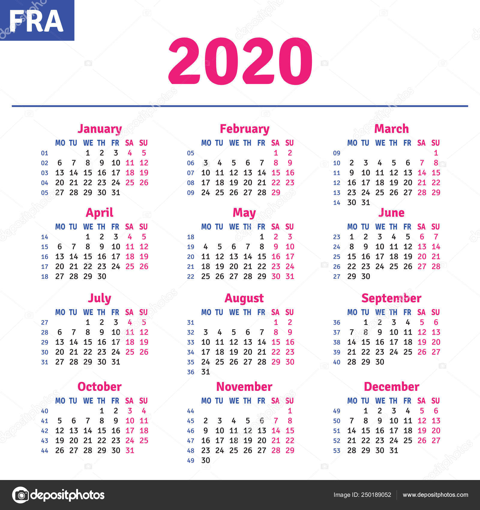 French calendar 2020 — Stock Vector © rustamank #250189052