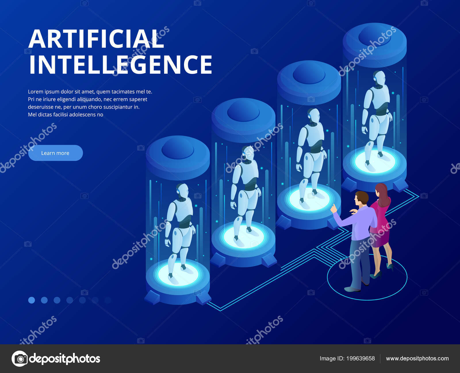 Isometric Robot with artificial intelligence. Robot cybernetic organism works with a virtual HUD ...