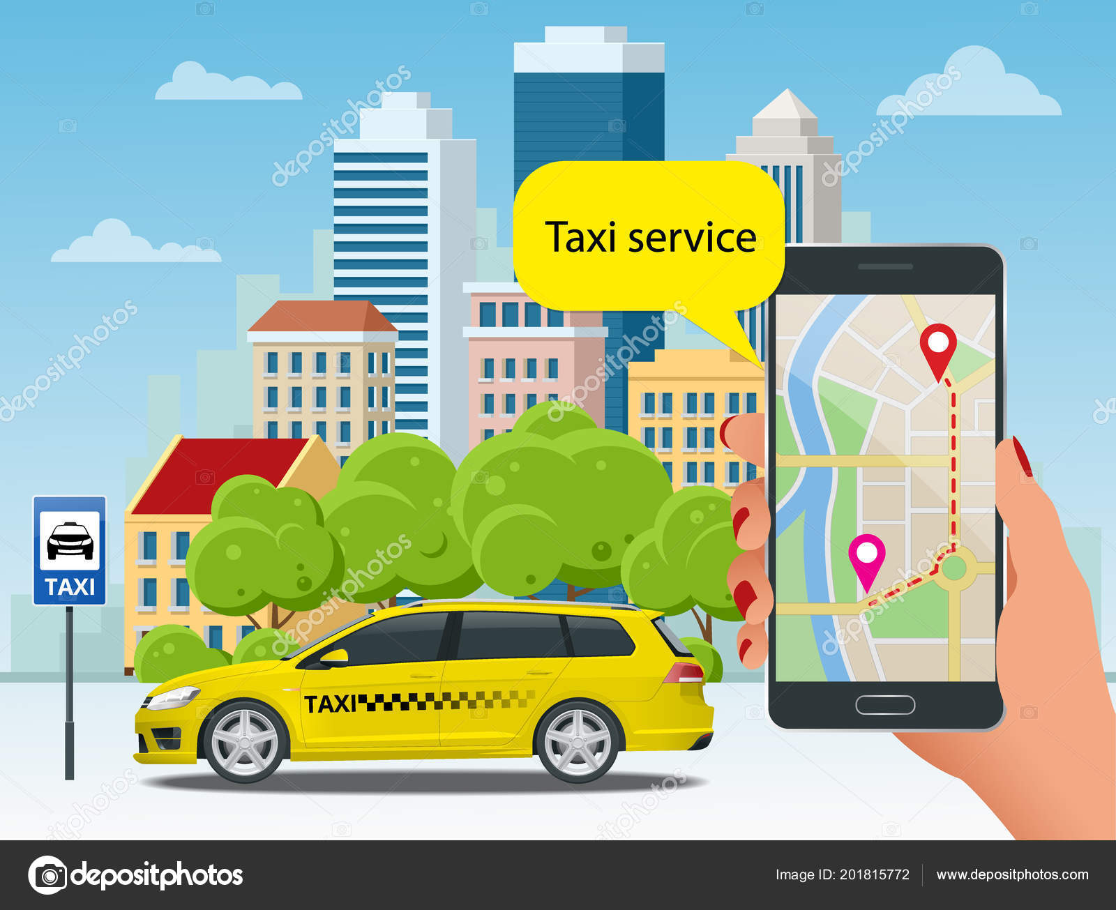 Yellow taxi cab and mobile application in phone with city background ...