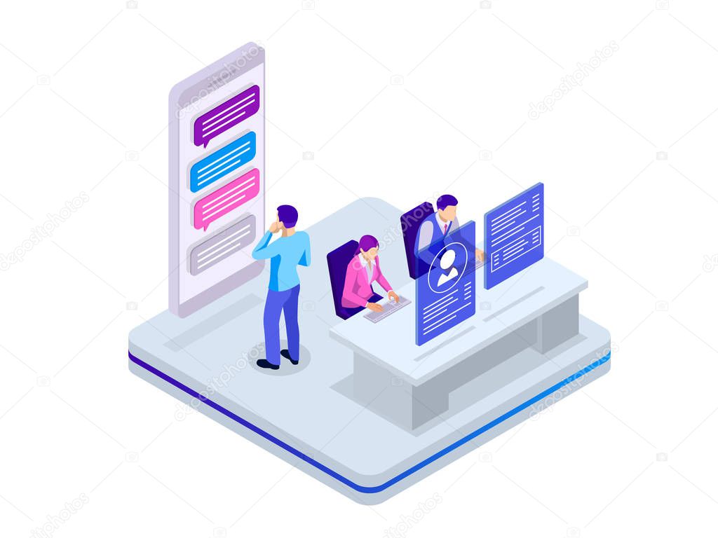 Concepto de trabajo en equipo de negocios isométricos. Equipo de proyecto empresarial trabajando ...