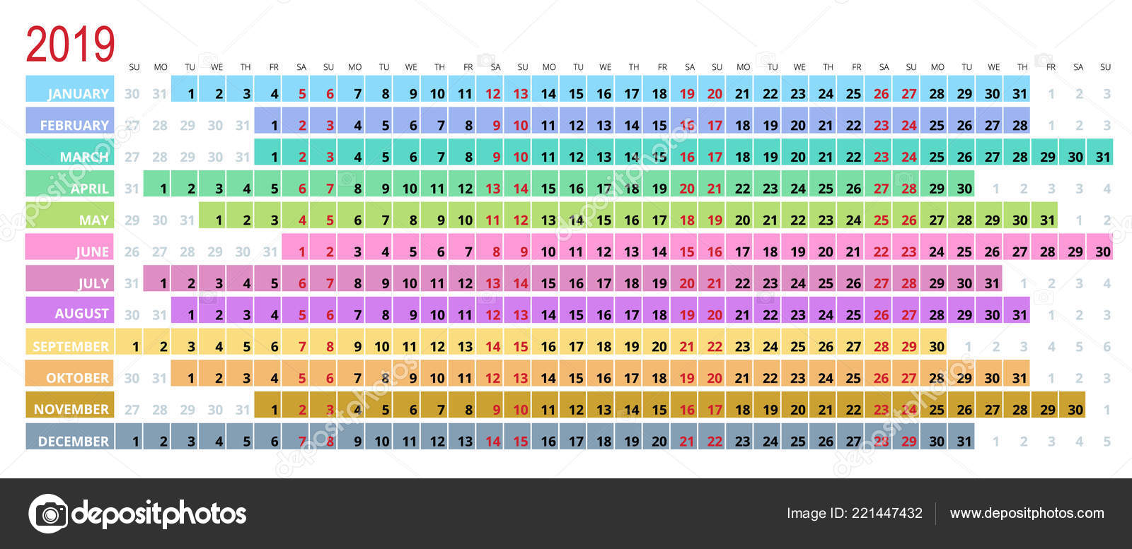 Template calendar 2019. Week Starts on Sunday. Set of 12 Months Stock ...