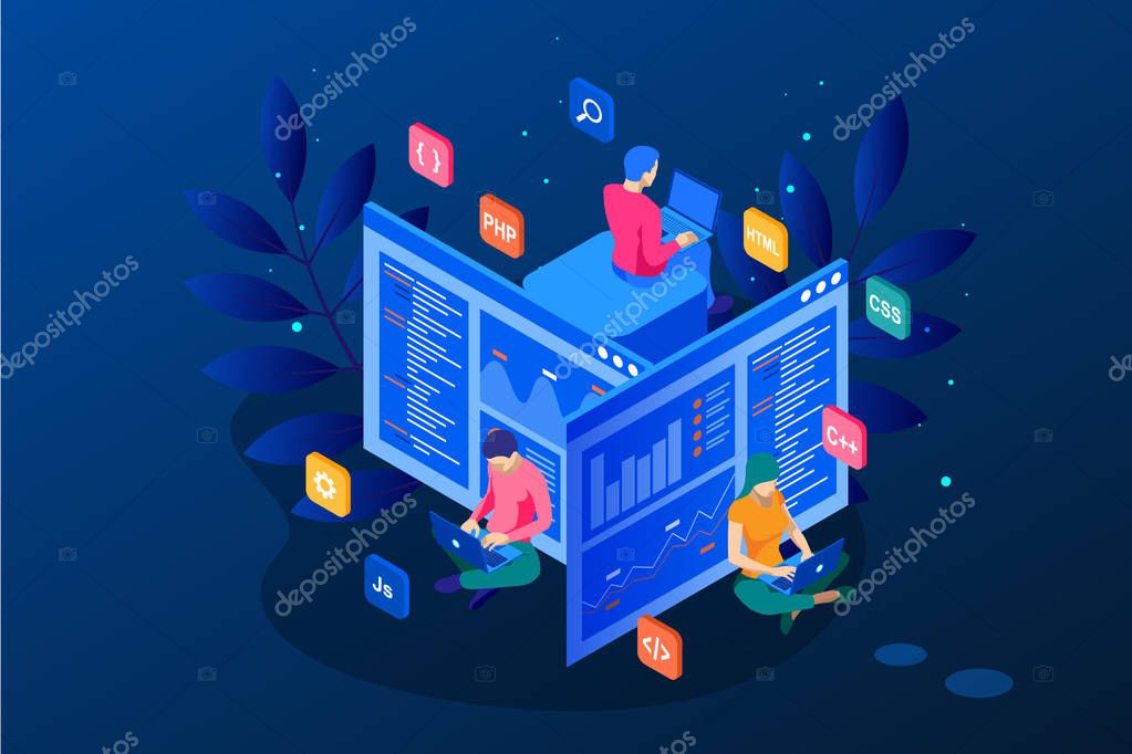Programador isométrico codificando nuevo proyecto. Desarrollo Web y ...