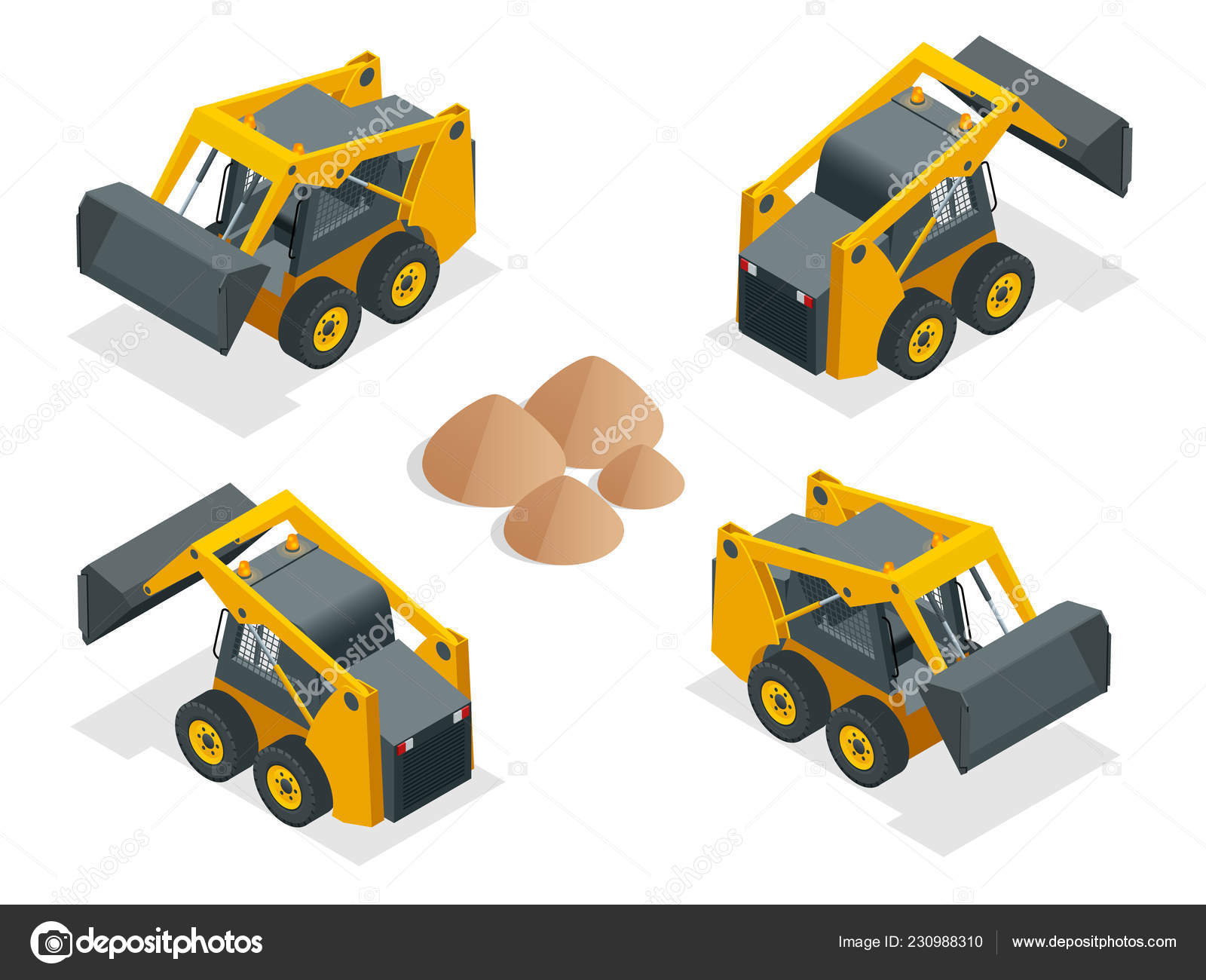 Isometric Compact Excavators. Orange wheel Steer Loader isolated on a ...