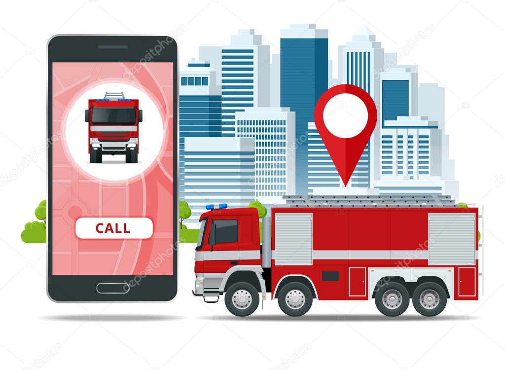 Cami n de bomberos rojo, veh culo de emergencia. Llama a emergencias. Elemento de dise o de ...