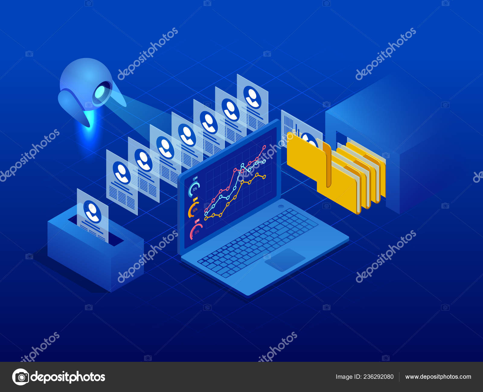 Isometric robot analyzes the database of employees or personnel. Data processing. Robot HR ...