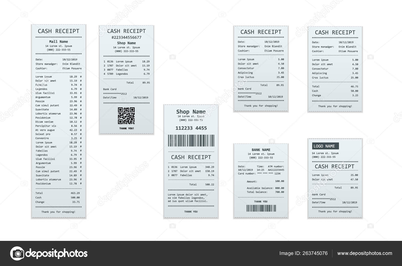 Set of receipt records, design template of bill ATM, paper financial ...