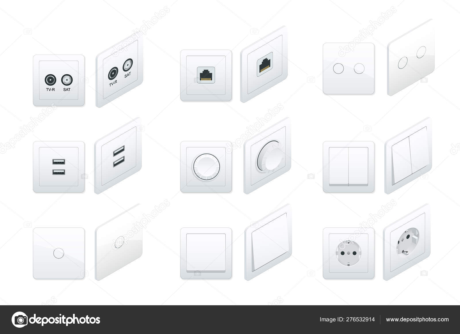 Isometric Switches and sockets set. All types. AC power sockets ...