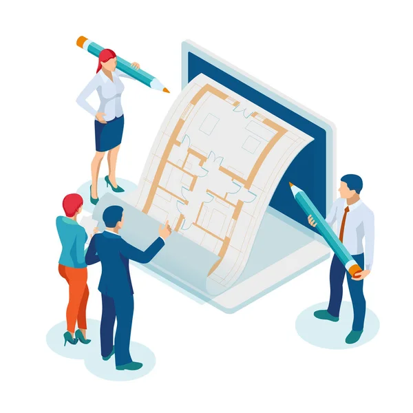 Isometri arquitecto dibujo sobre el concepto de proyecto arquitect nico. Arquitectos lugar de ...