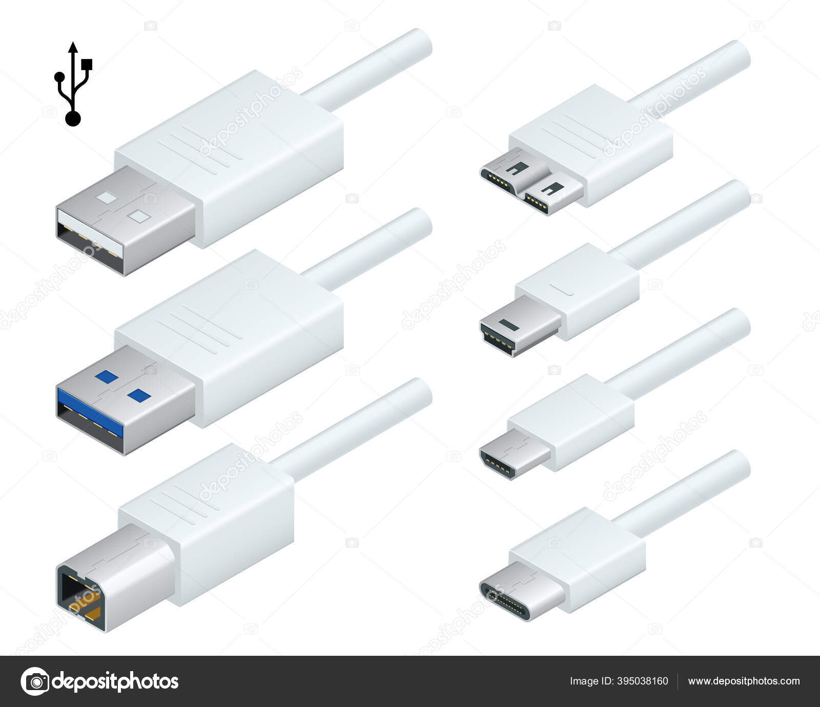 Isometrinen valkoinen usb tyypit portti pistoke kaapelit asetettu ...