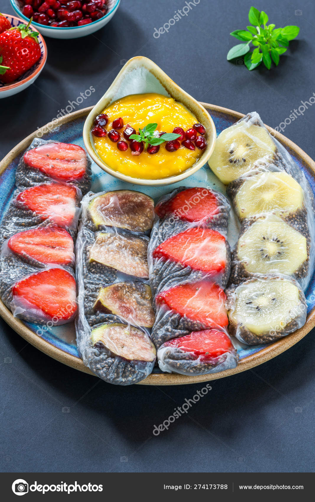 Chia Seeds Fruit Rice Paper Rolls Mango Dipping Sauce — Stock Photo ...