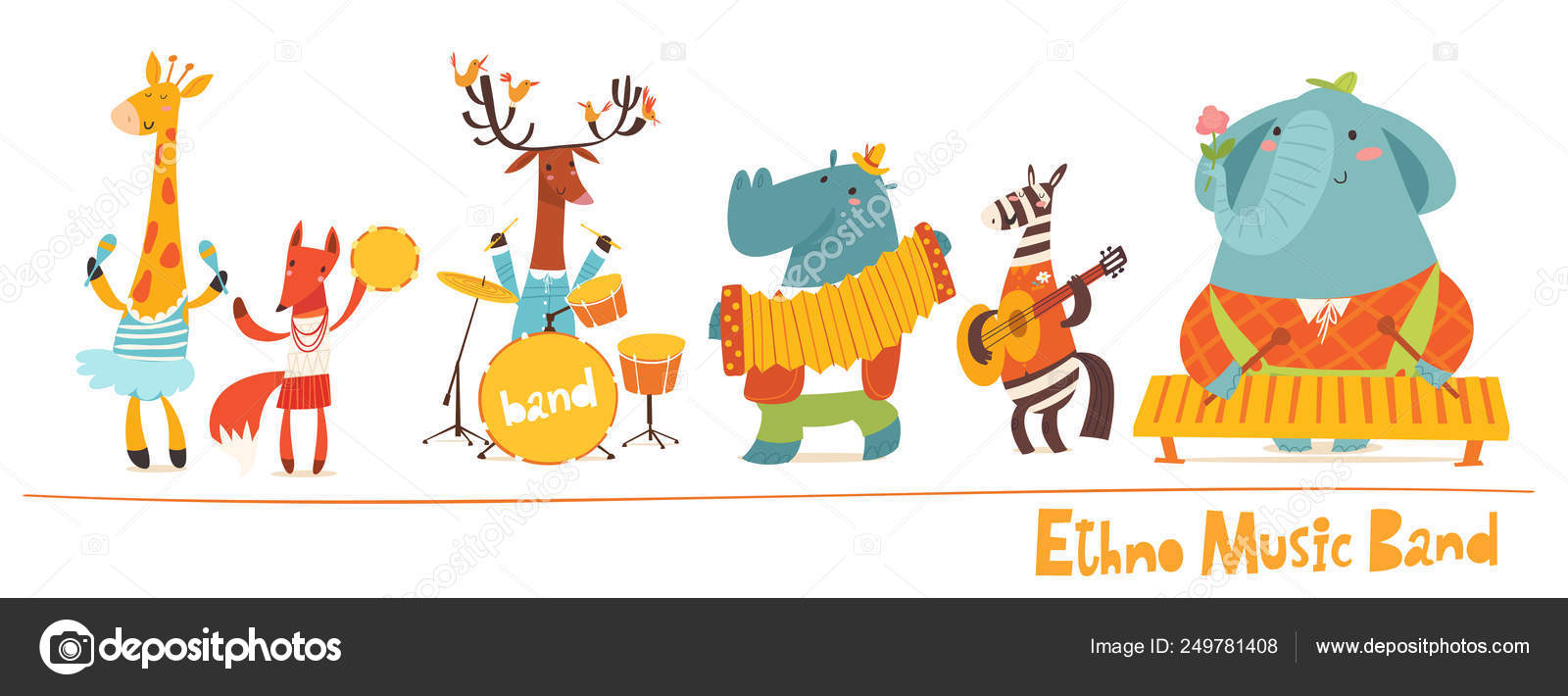 Cartoon Wild Animals Playing Music Instruments Isolated White ...