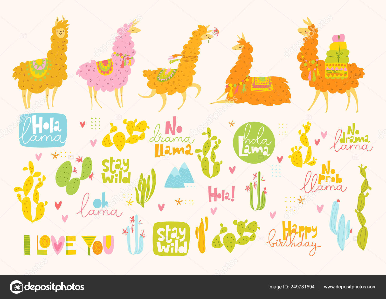 Collection Cartoon Llamas Inspirational Phrases Pastel Background Stock ...