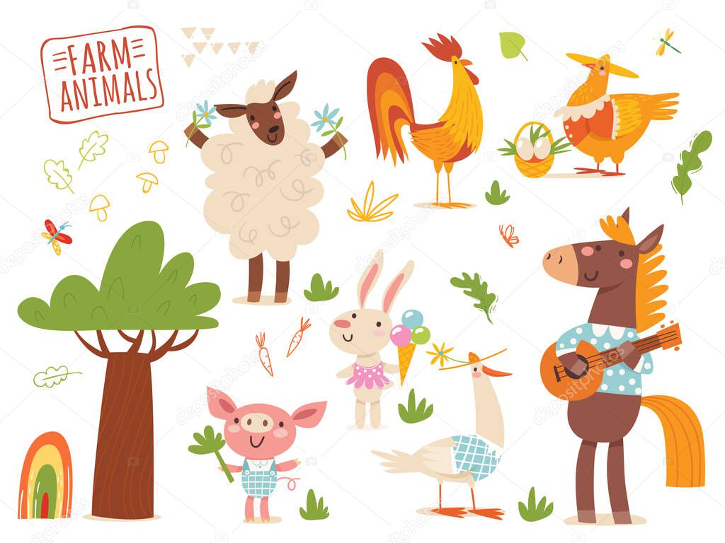 Conjunto vectorial de divertidos animales de granja dibujados a mano ...