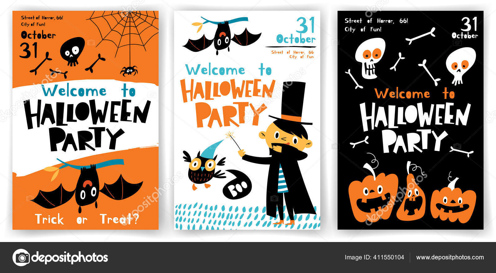 Cute Style Halloween Posters Cards Cute Characters Symbols Funny ...