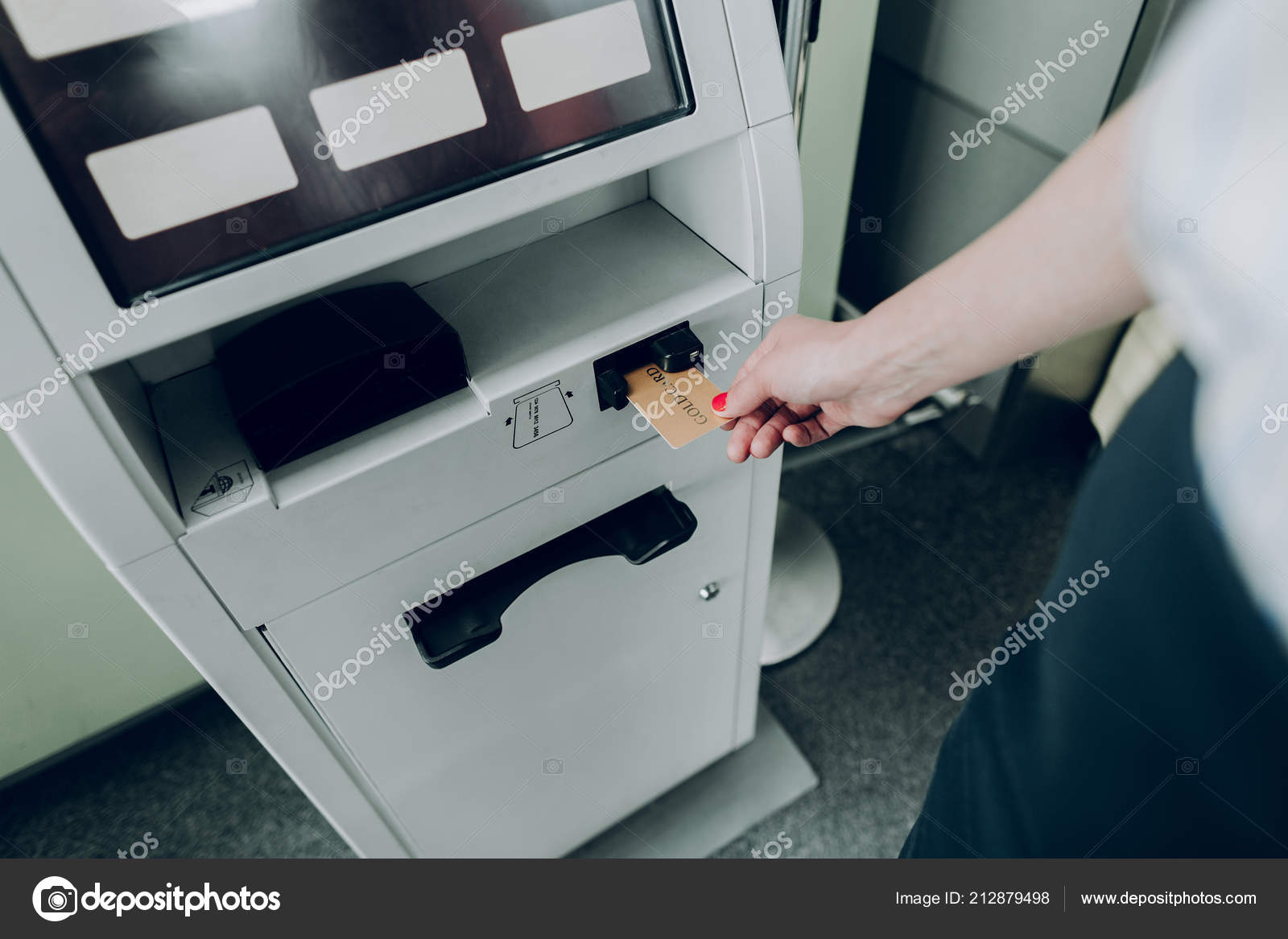 Woman is taking off bank card from cash dispenser — Stock Photo ...
