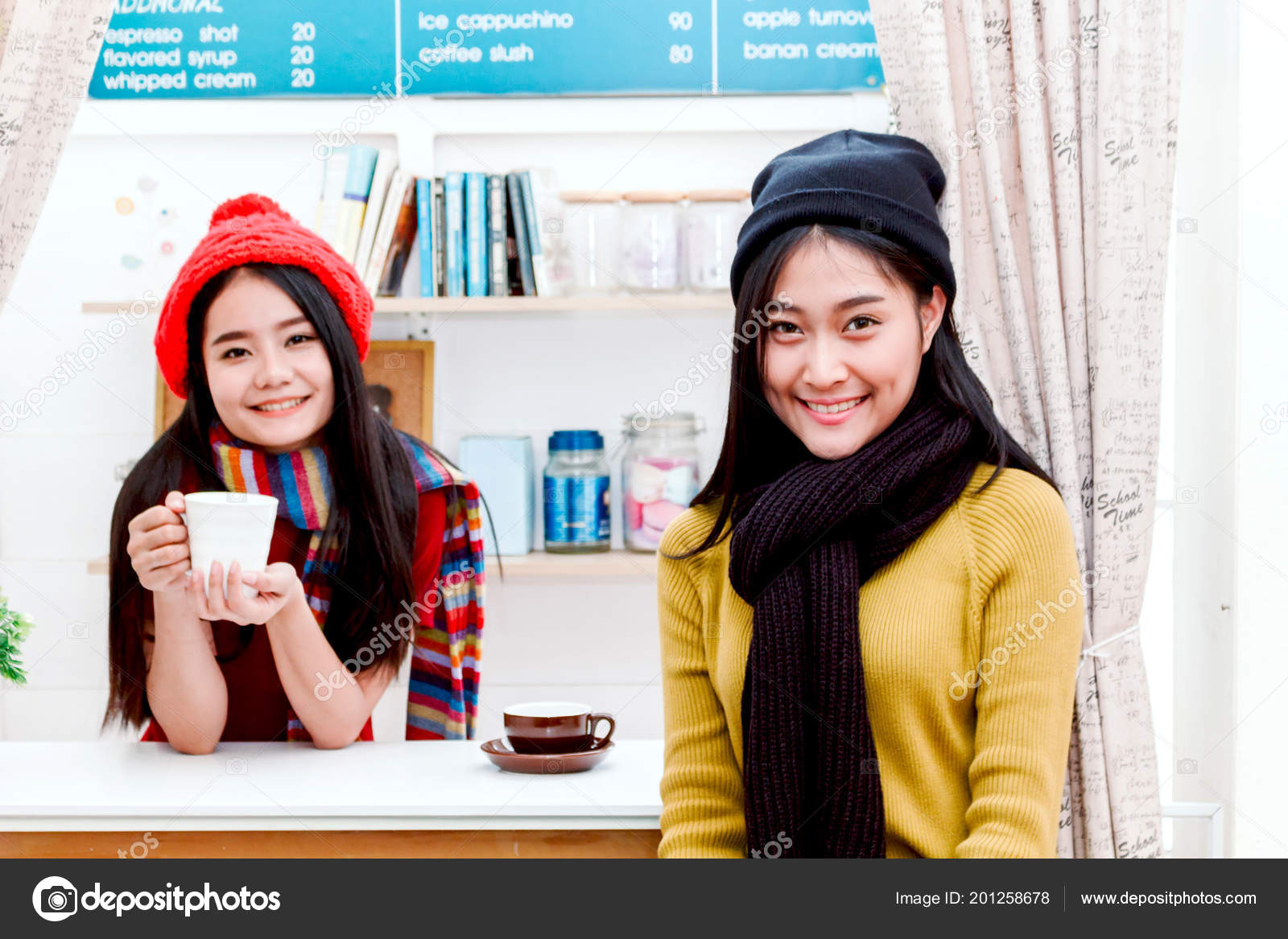 Two Young College Students Coffee Cups Cafe — Stock Photo ...