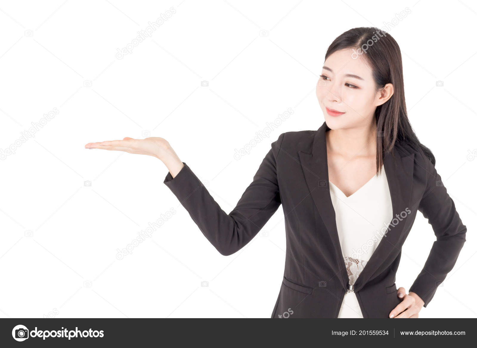 Woman Showing Empty Copy Space Open Hand Isolated White Background — Stock Photo © assumption111 ...