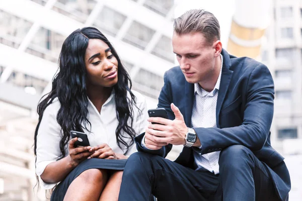 Two Business People Use Technology Together Smartphone — Stock Photo ...