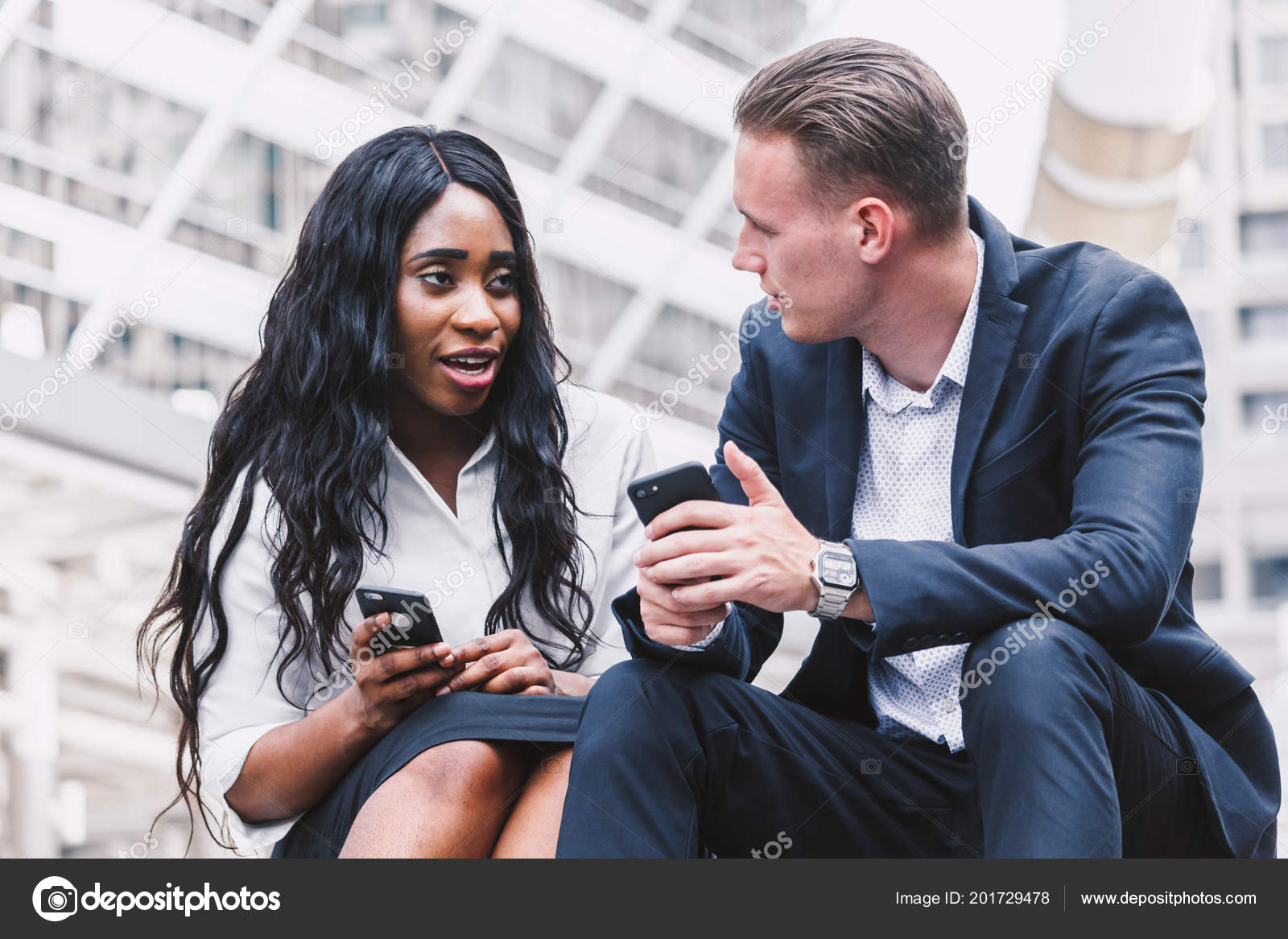 Two Business People Use Technology Together Smartphone — Stock Photo ...