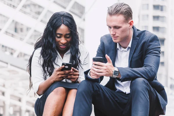 Two Business People Use Technology Together Smartphone — Stock Photo ...
