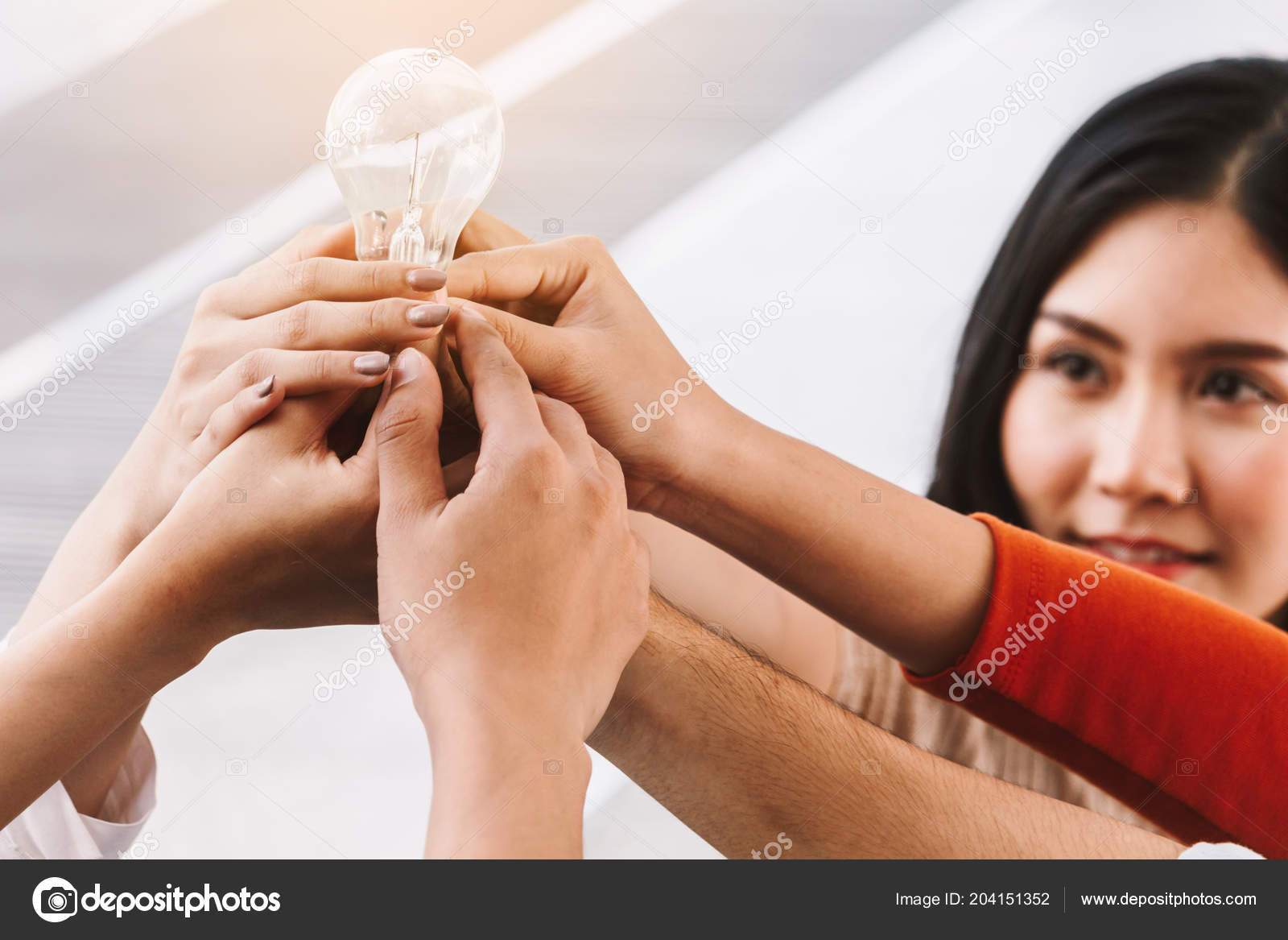 Business Teamwork Holding Light Bulb Team Work Concept — Stock Photo ...