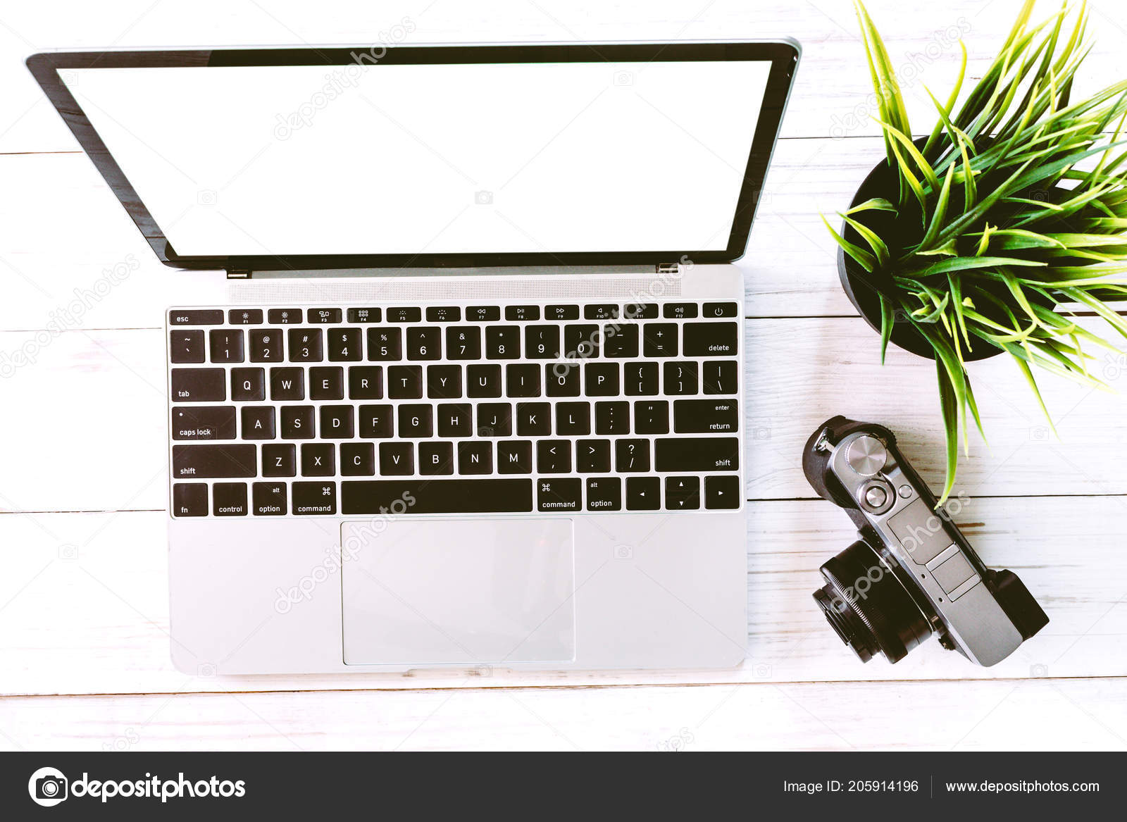 Top View Laptop Computer Blank Screens White Office Wooden Desk Stock ...