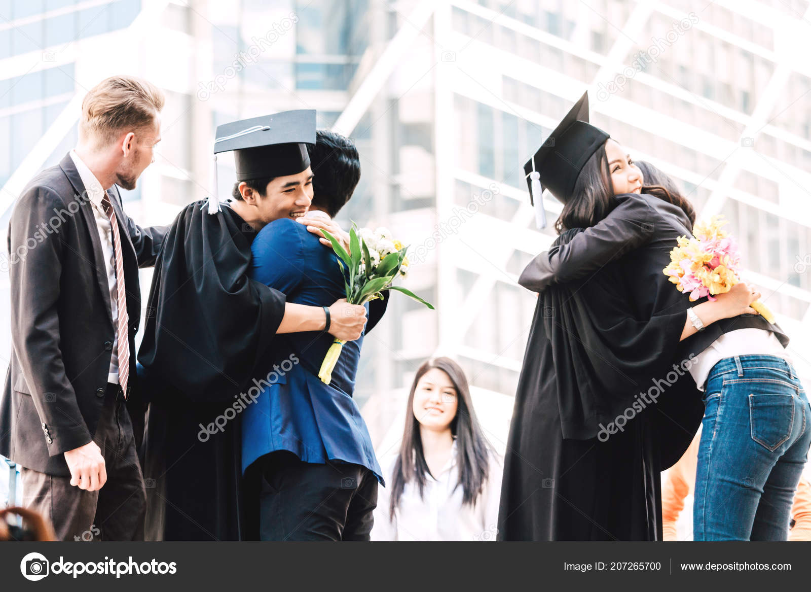 Happy Students Celebrating Successful Graduation Campus Building ...